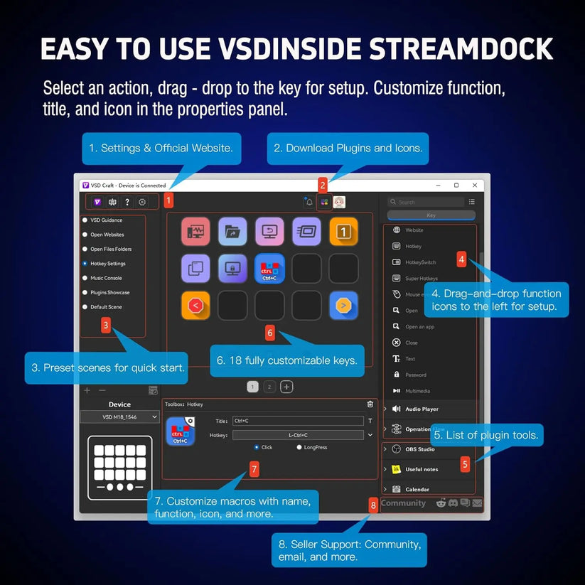 VSDinside Stream Dock M18 – Programmable Macro Keypad, Stream Deck Alt ...